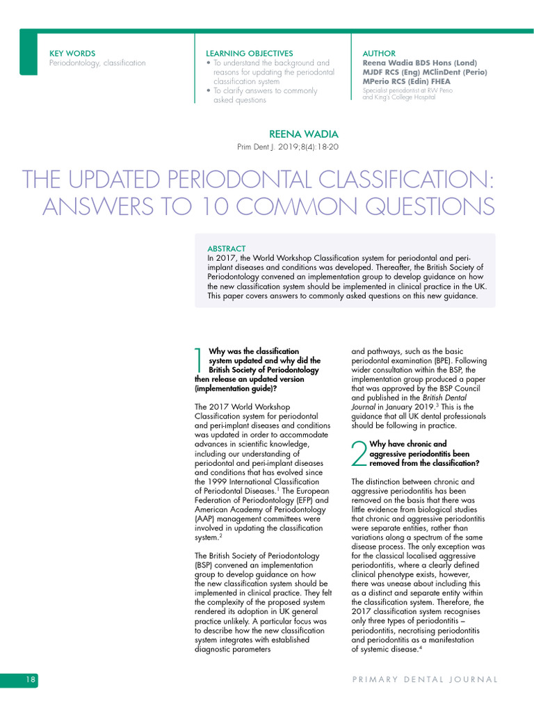 Wadia 2019 The Updated Periodontal Classification | PDF ...
