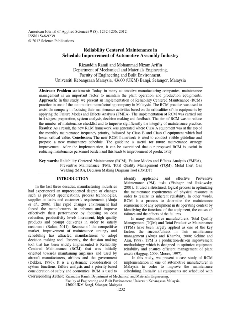 Reliability Centered Maintenance in Schedule Improvement of Automotive Assembly Industry | PDF ...