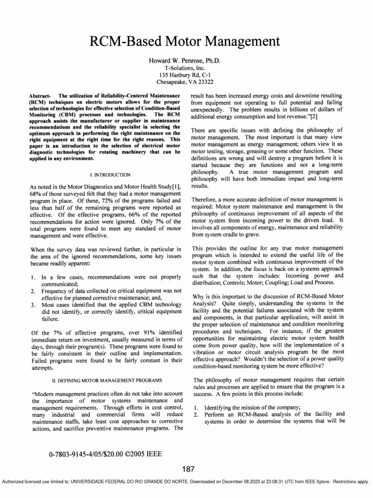 RCM-based Motor Management | PDF | Reliability Engineering | Engineering