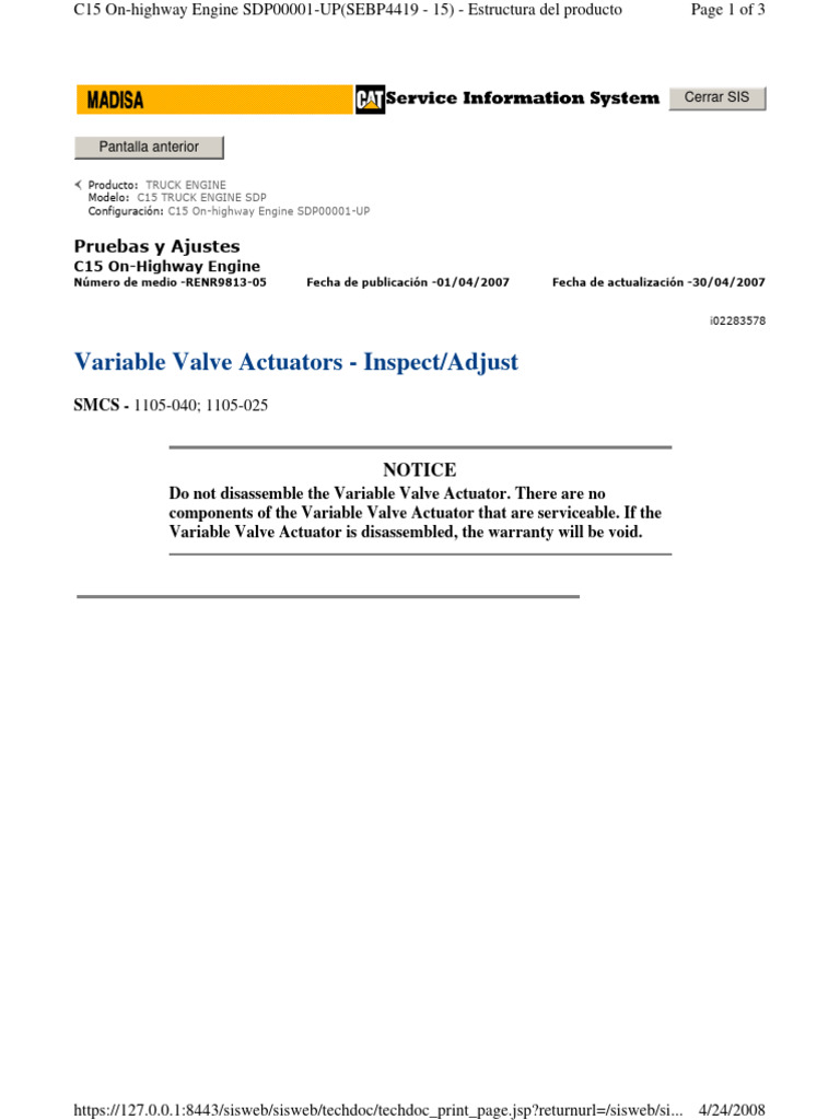 Prueba y Ajustes Variable Valve Actuators C-15 | PDF | Actuator ...