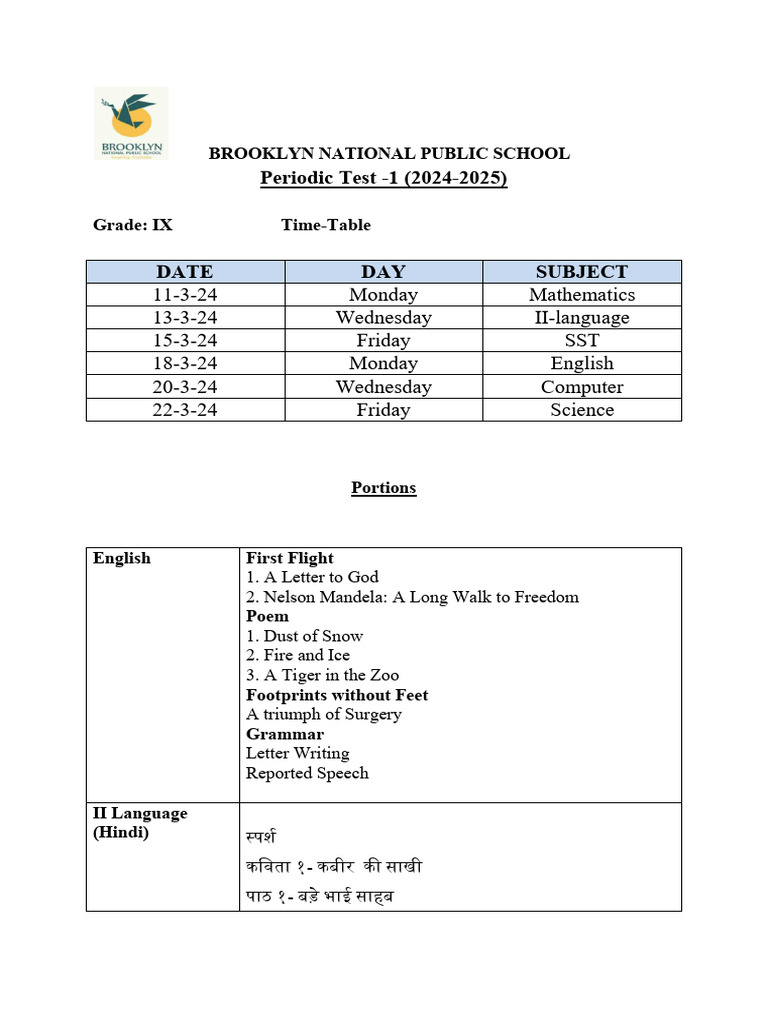 Pt-1 Time Table (Grade 9) | PDF