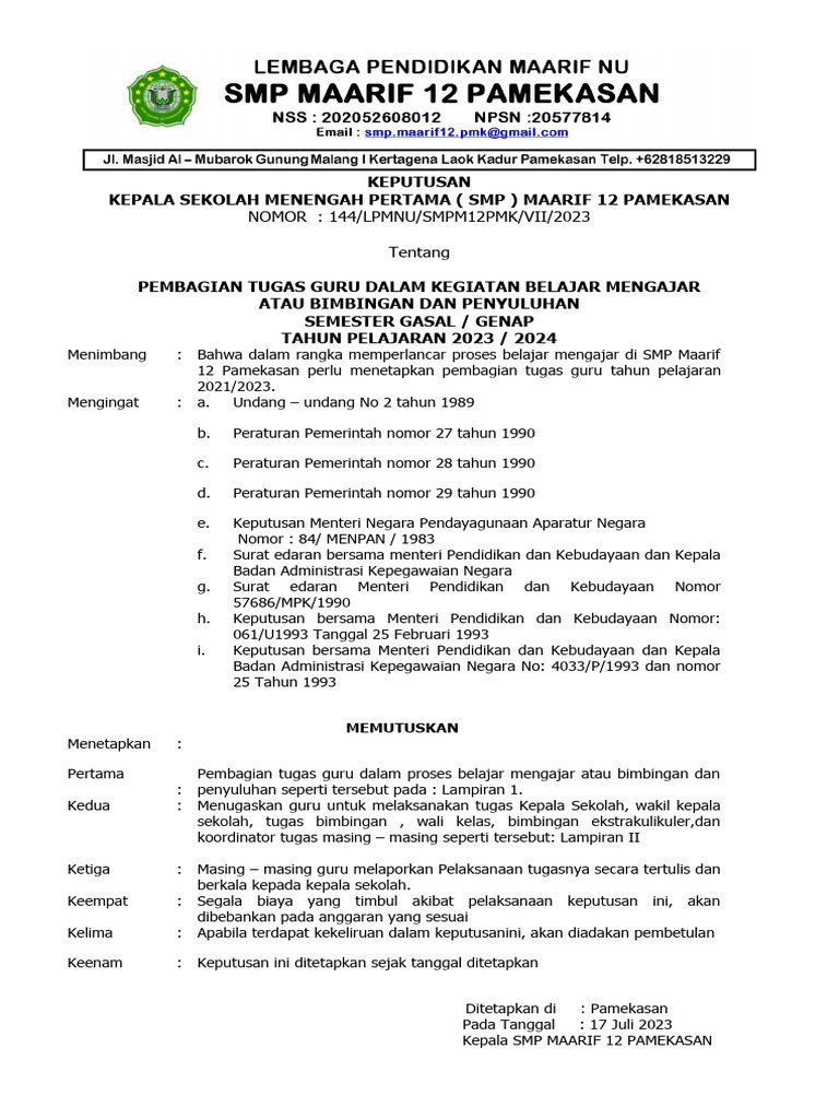 SK Pembagian Tugas SPJ Bos 2022 | PDF