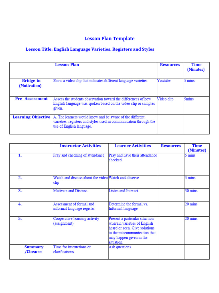 English Language Varieties Lesson Plan | PDF
