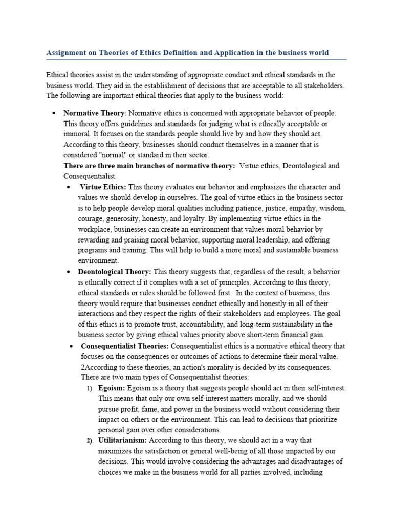 Assignment On Theories of Ethics Definition and Application in The Business World | PDF | Virtue ...