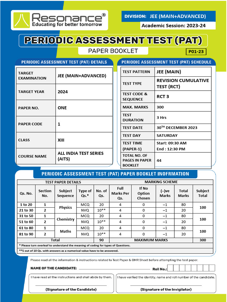23T1854 30-12-23 RCT-3 PCM JD (DLPD) | PDF | Numbers | Standardized Tests