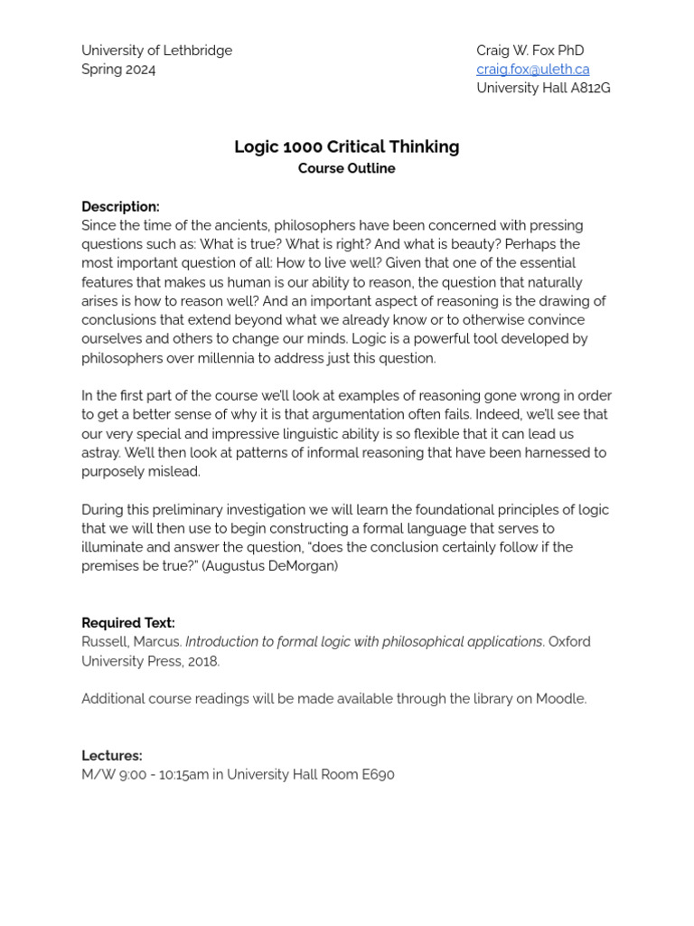 Course Outline_ Logic 1000 Critical Thinking (1) | PDF | Logic | Reason