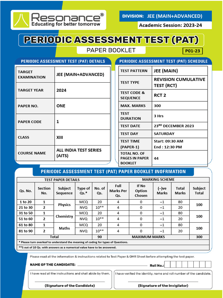 JEE RCT 2 Test Paper Details 2024 | PDF | Numbers | Multiple Choice