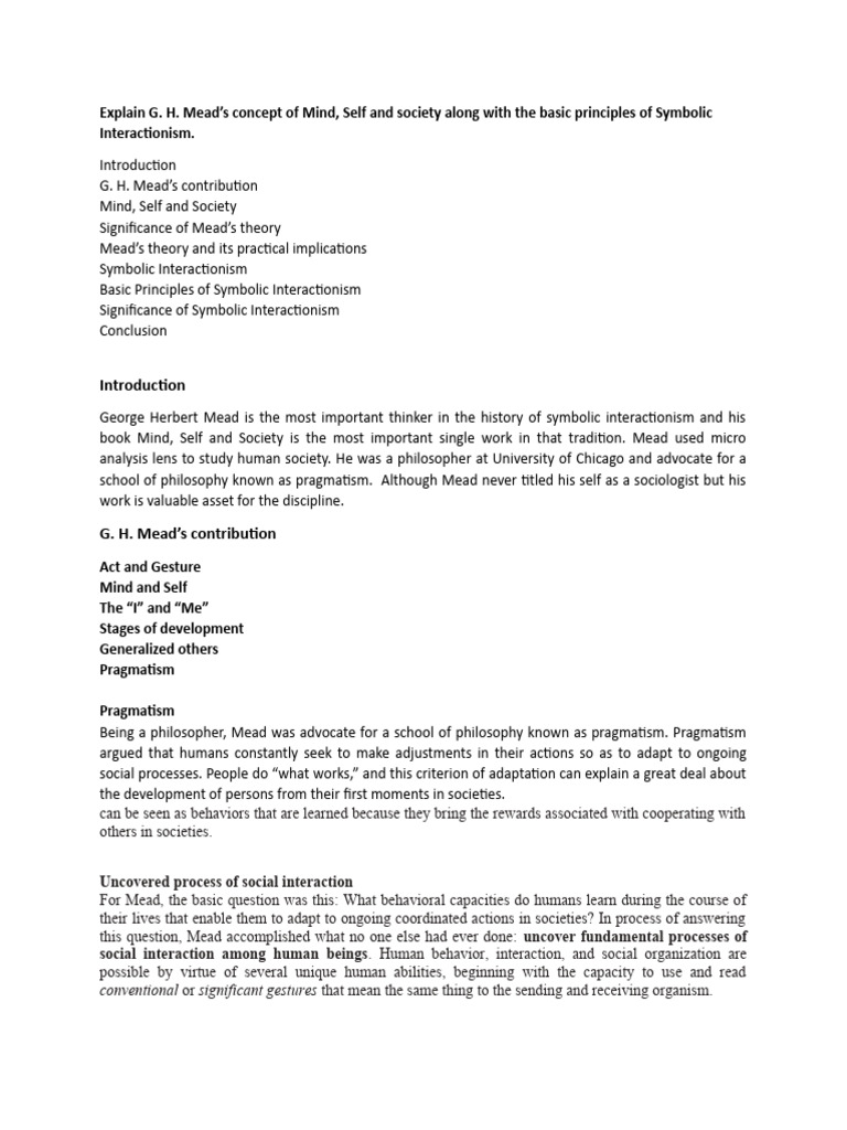 Explain G.H. Mead Concept of Mind | PDF | Behavioural Sciences | Psychology