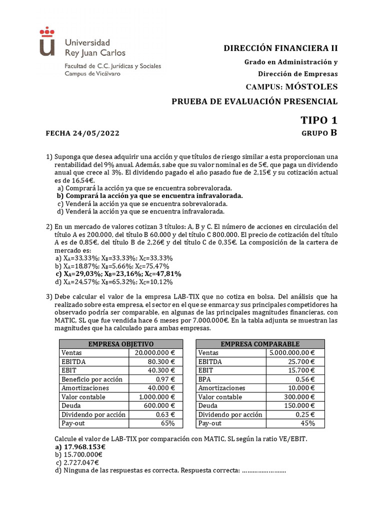 PE ADE-B - T1 - Numéricas - Mayo 2022 | PDF | Corporaciones | Inversiones