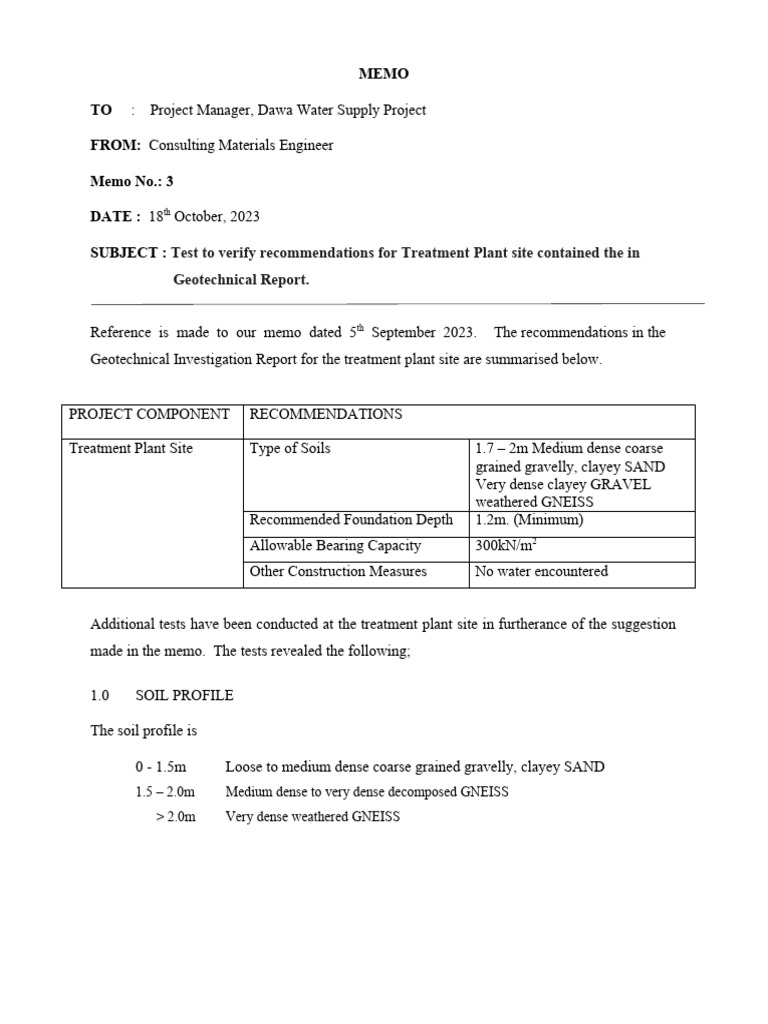 Memo 3. Confirmatory Geotechnical Tests For Treatment Plant Site, Dawa ...
