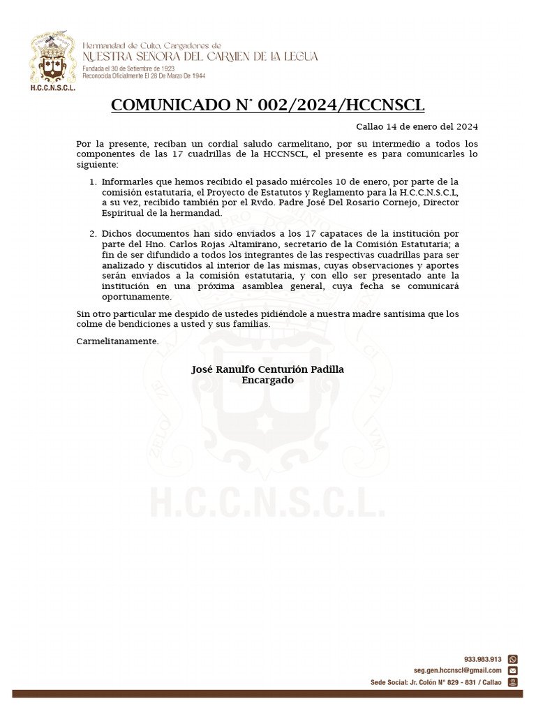 Comunicado #002-2024-HCCNSCL | PDF