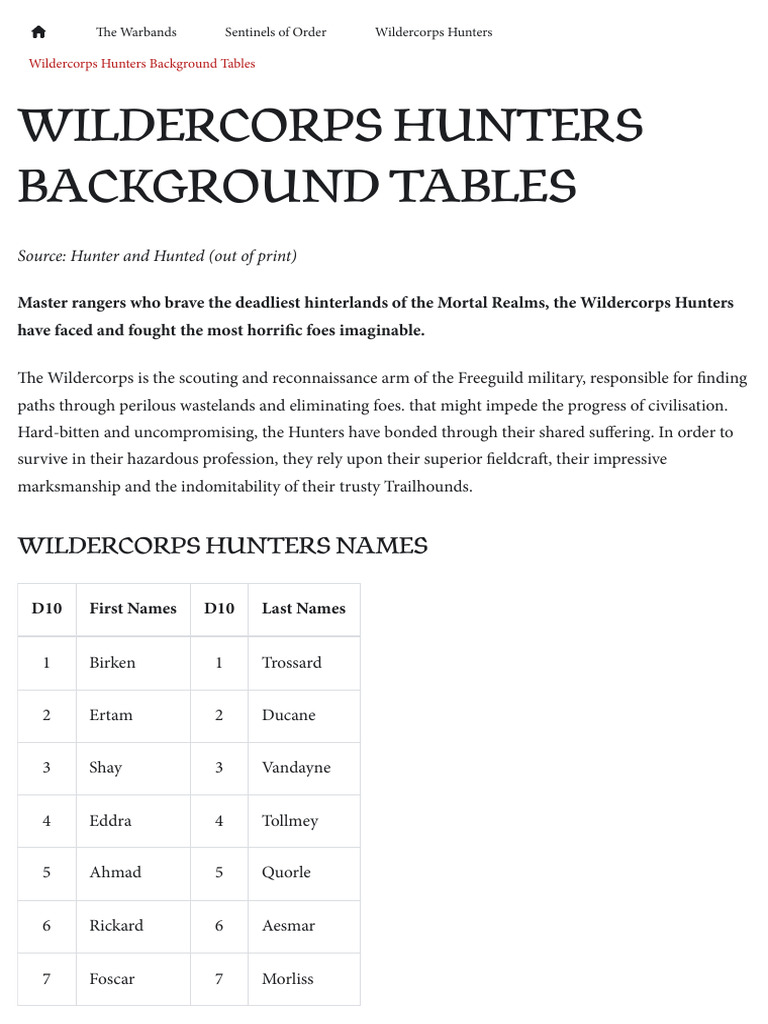 Wildercorps Hunters Background Tables - Warcrier | PDF