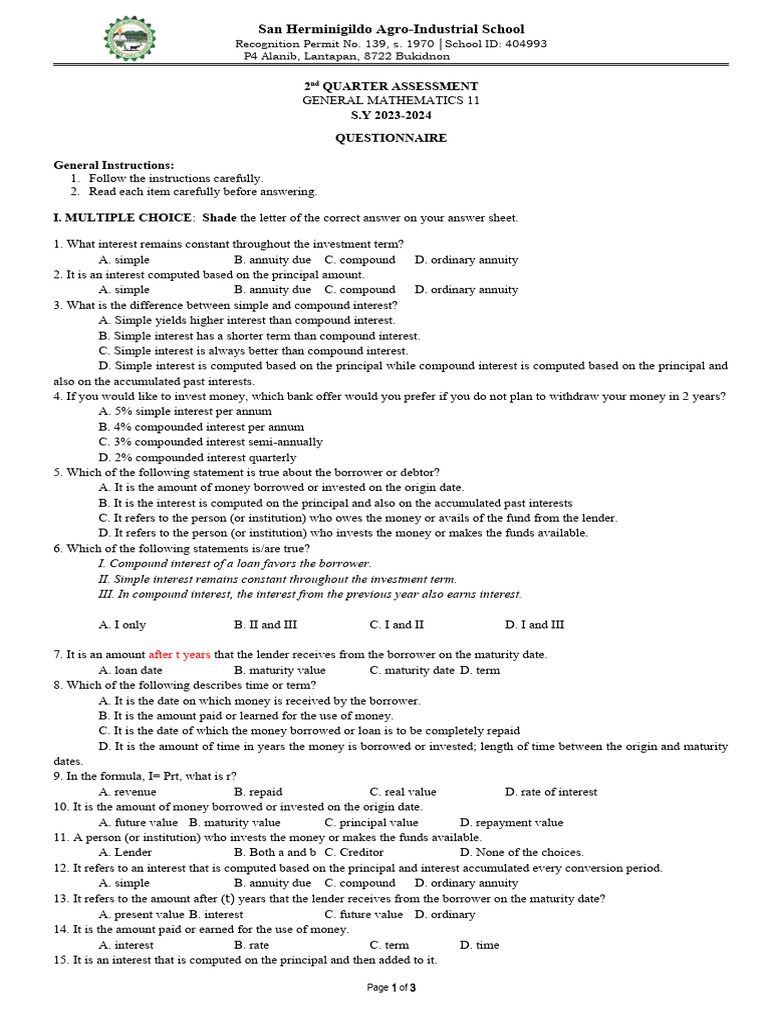Grade 11-2nd Quarter Examination Checked | PDF | Interest | Loans