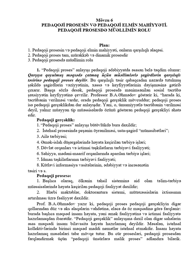Mövzu 6 Pedaqoji Prosesin VƏ Pedaqoji Elmin Mahiyyəti. Pedaqoji ...