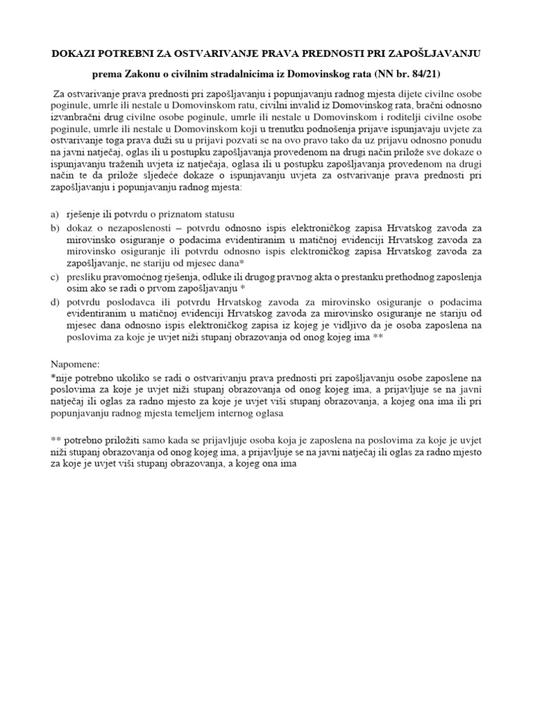 Popis Dokaza Za Ostvarivanje Prava Prednosti Pri Zapošljavanju - Zakon ...
