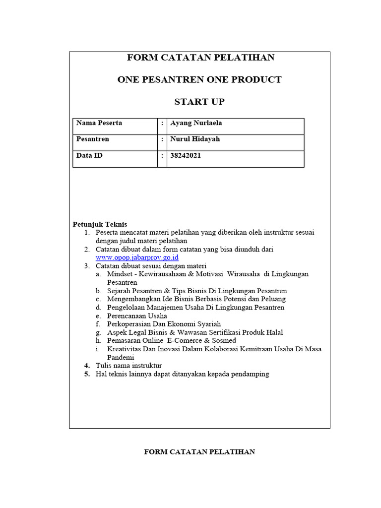 Start Up - Form Catatan Pelatihan One Pesantren One Product | PDF