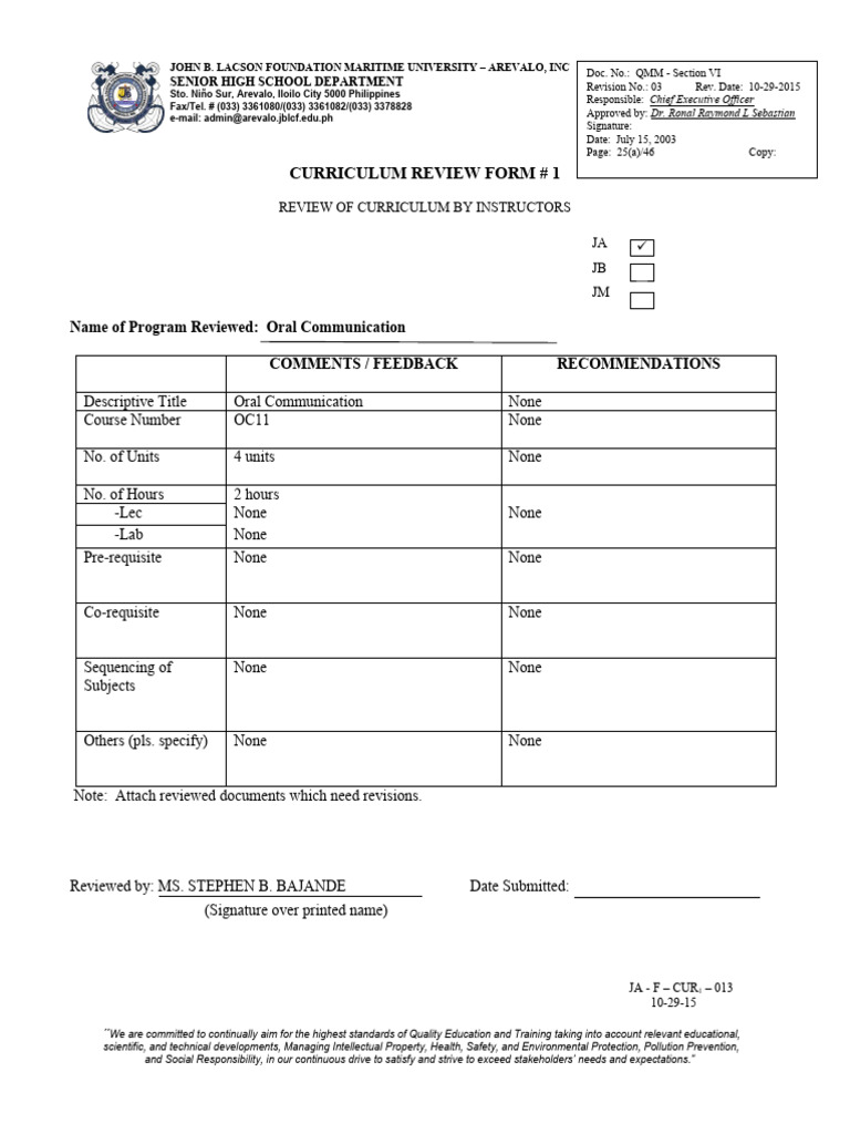 Curriculum Review Form 1 | PDF