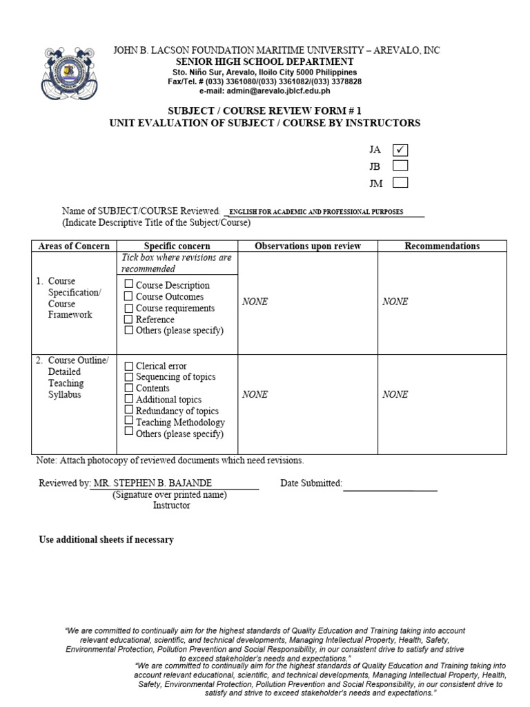 Subject Course Evaluatiom Form 1 | PDF | Evaluation