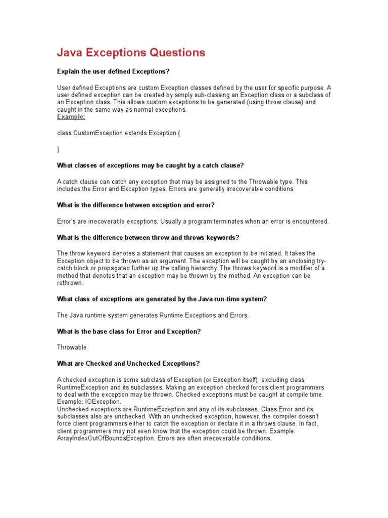 Java Exceptions Questions | PDF | Class (Computer Programming) | Inheritance (Object Oriented ...