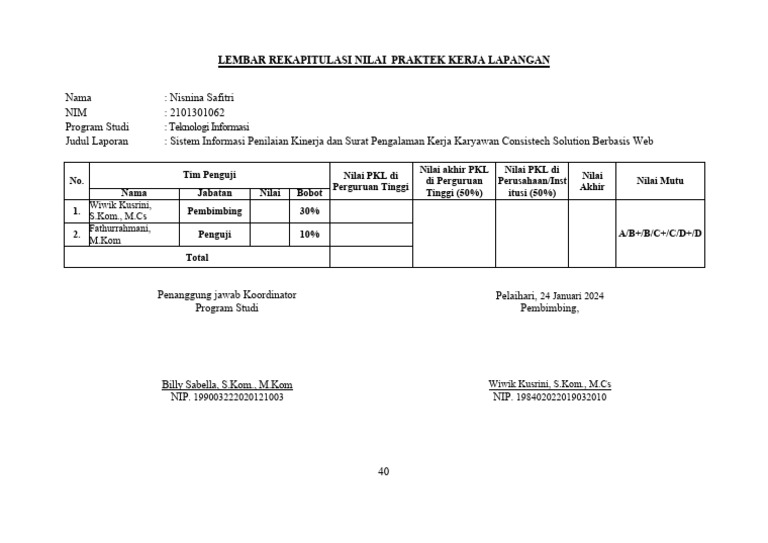 Format Lembar Rekapitulasi Nilai | PDF