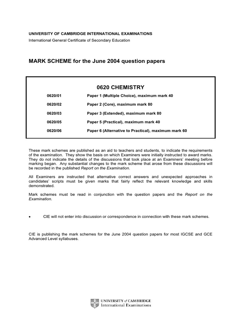 MARK SCHEME For The June 2004 Question Papers | PDF | Mole (Unit ...