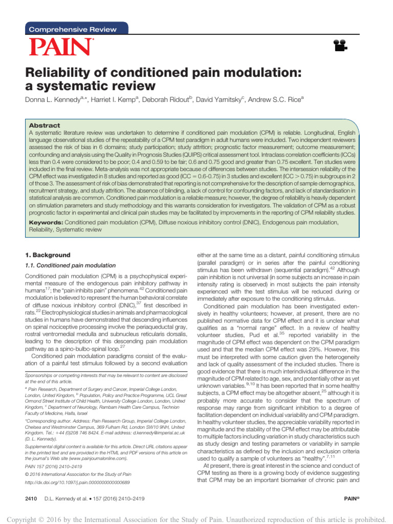 Condicioned Pain Modulation (CPM) | PDF | Systematic Review | Risk