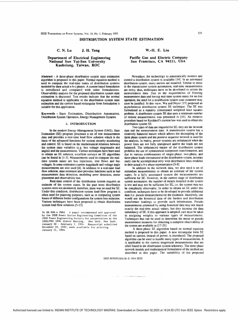 Distribution System State Estimation Pdf Matrix Mathematics Electrical Impedance