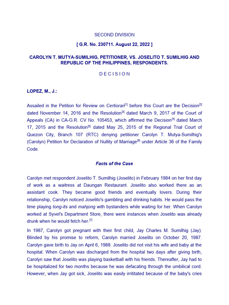 163 Mutya-Sumilhig v. Sumilhig & Republic, G.R. No. 230711, August 22, 2022 | PDF | Mental ...