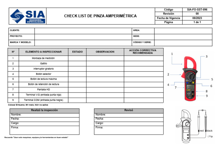 SIA-FO-SST-096 - Check List de Pinza Amperimétrica | PDF SIA-FO-SST-096 - Check List de Pinza Amperimétrica | PDF