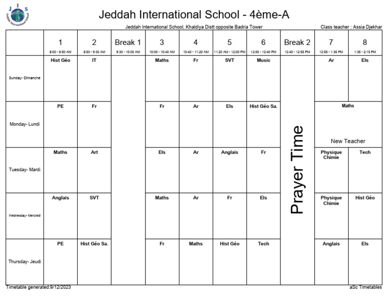 Jeddah Intl School 4ème-A Timetable | PDF