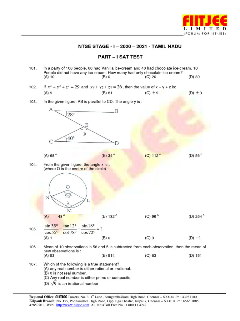 QP - Tamilnadu - Ntse Stage 1 (2020-21) - Sat | PDF | Periodic Table | Ionic Bonding