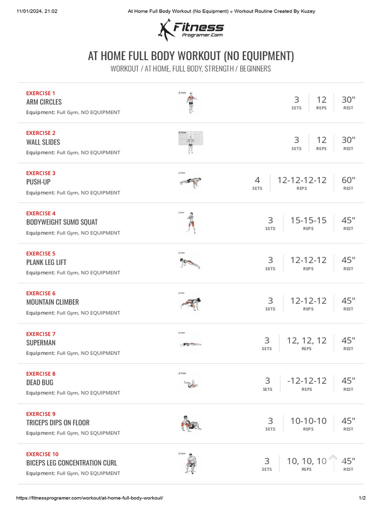 At Home Full Body Workout (No Equipment) Workout Routine Created by Kuzey | PDF | Flexibility ...