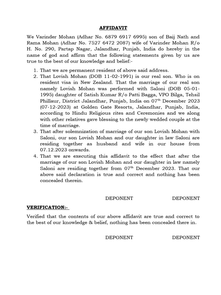 04.01.2024 Affidavits For Lovish Mohan and Saloni For Marriage | PDF ...