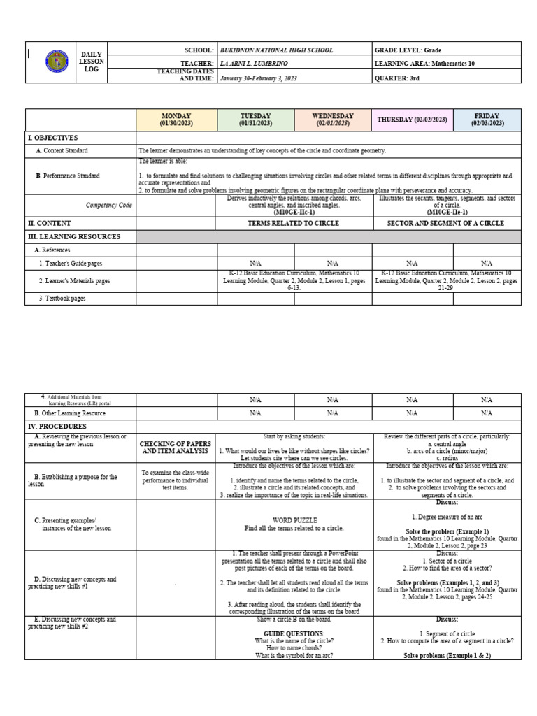 Daily Math Lesson Log: Circles & Geometry | PDF | Circle | Mathematics