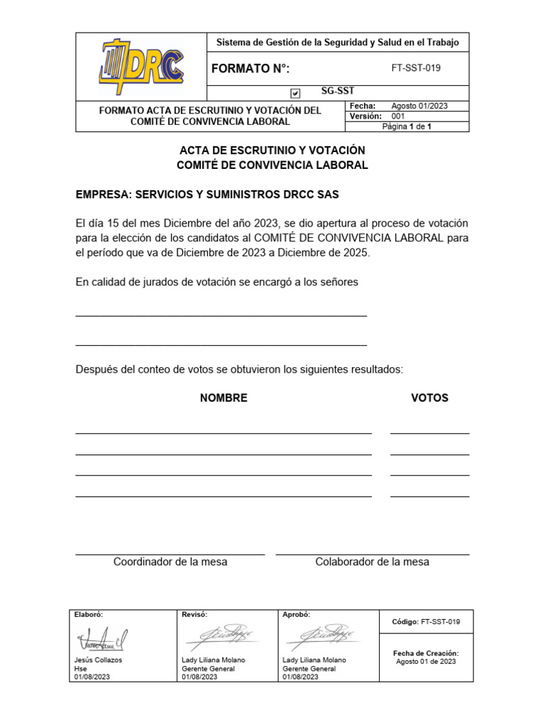FT-SST-019 Formato de Acta de Escrutinio y Votación Del Comité de Convivencia Laboral | PDF