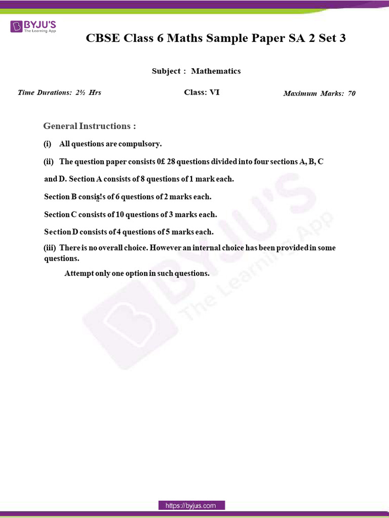 CBSE Class 6 Maths Sample Paper SA2 Set 3 | Download Free PDF | Numbers ...