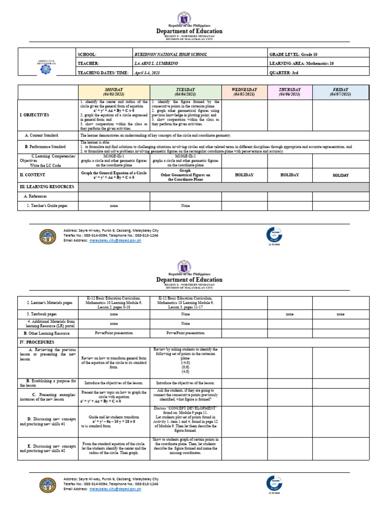 Lesson Log Equation of A Circle | PDF | Equations | Geometry