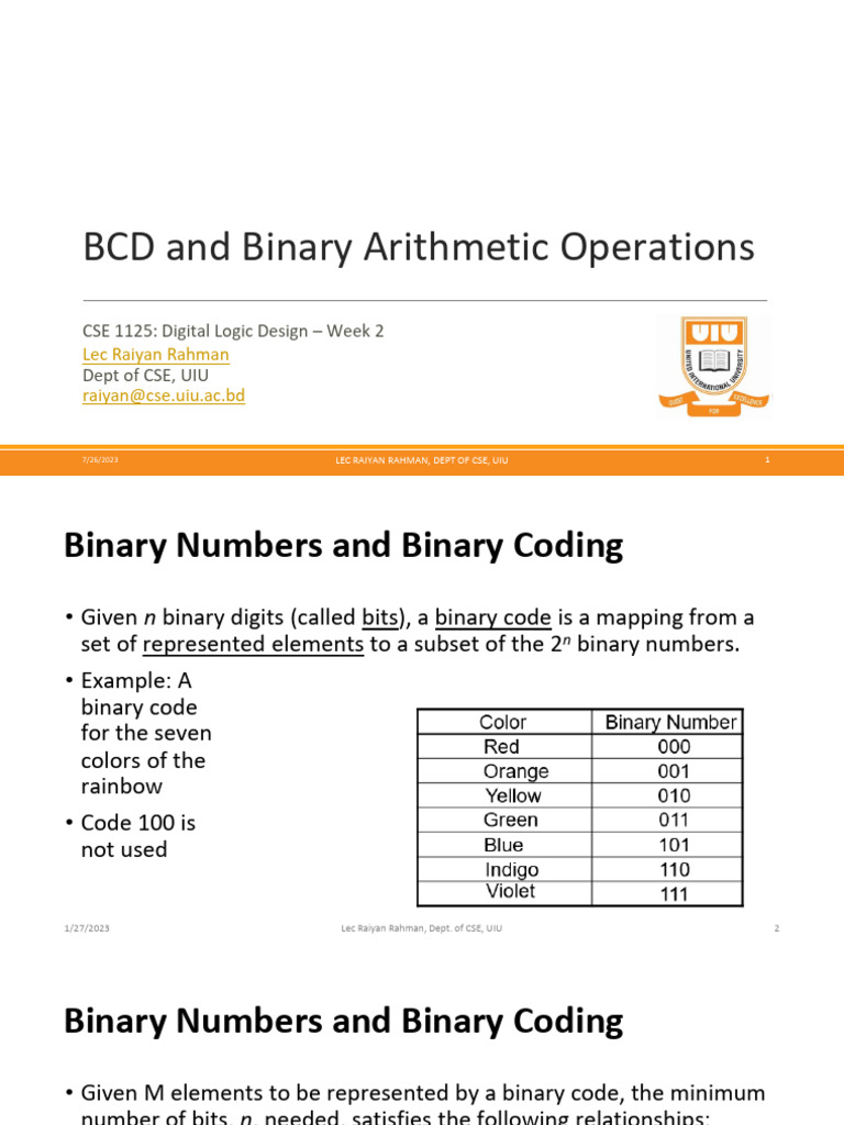 DLD Week 2 Class 1 - Binary AO + BCD | PDF | Binary Coded Decimal | Decimal