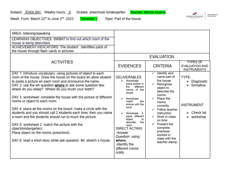 Weekly Plan 5 Part of The House | PDF | Cognitive Science | Behavior Modification