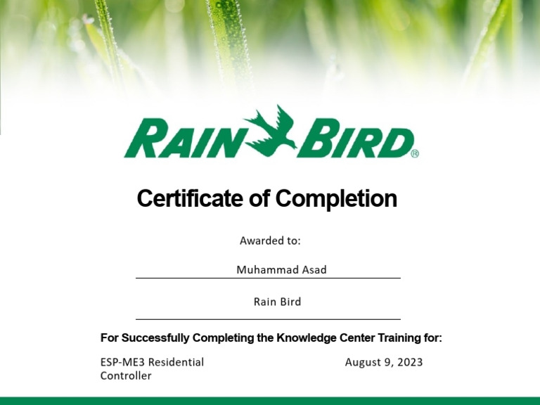 Certificate of Rainbird Training | PDF