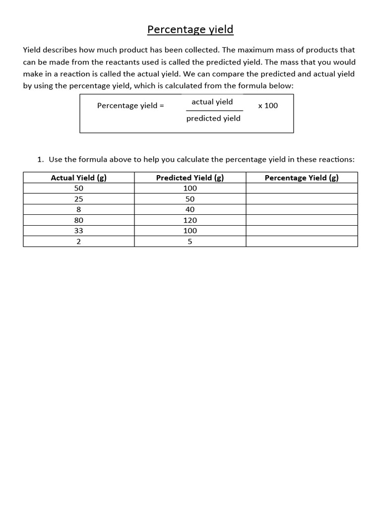 Percentage Yield Calculations Worksheet (1) | PDF