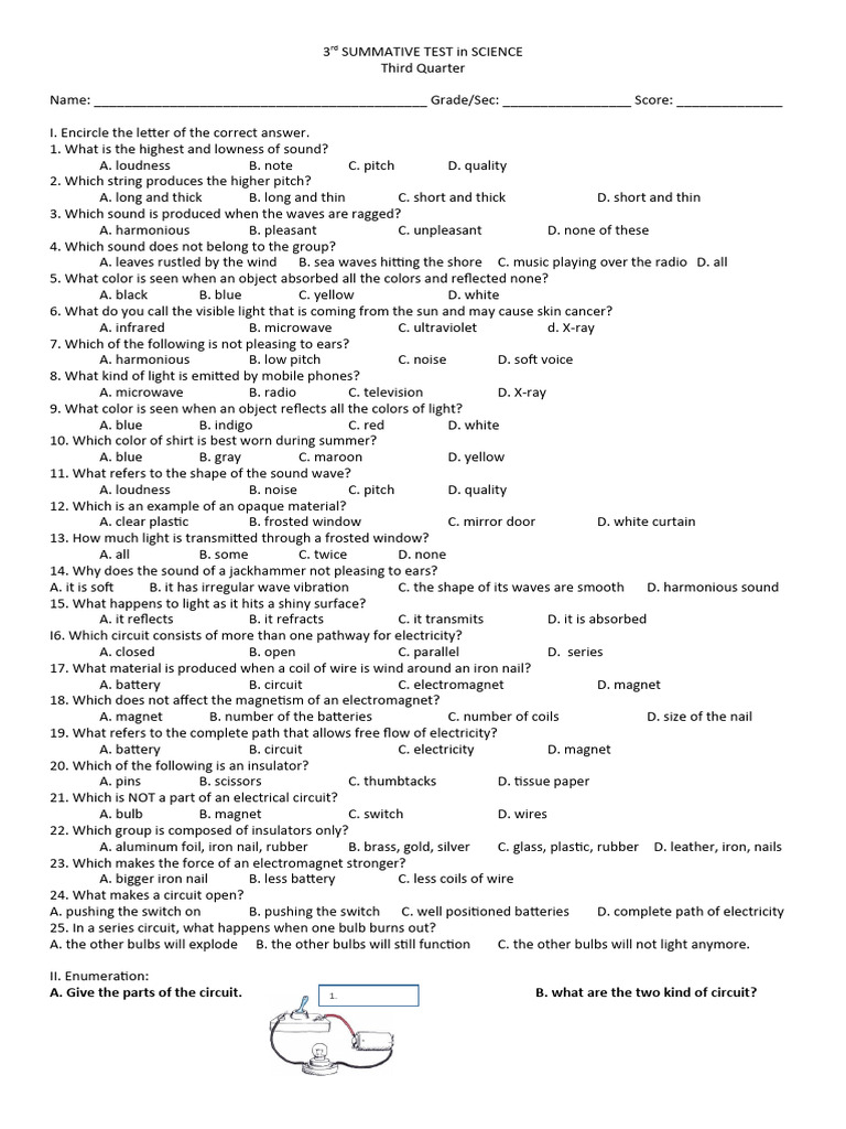 3rd SUMMATIVE TEST in SCIENCE | PDF | Light | Electricity
