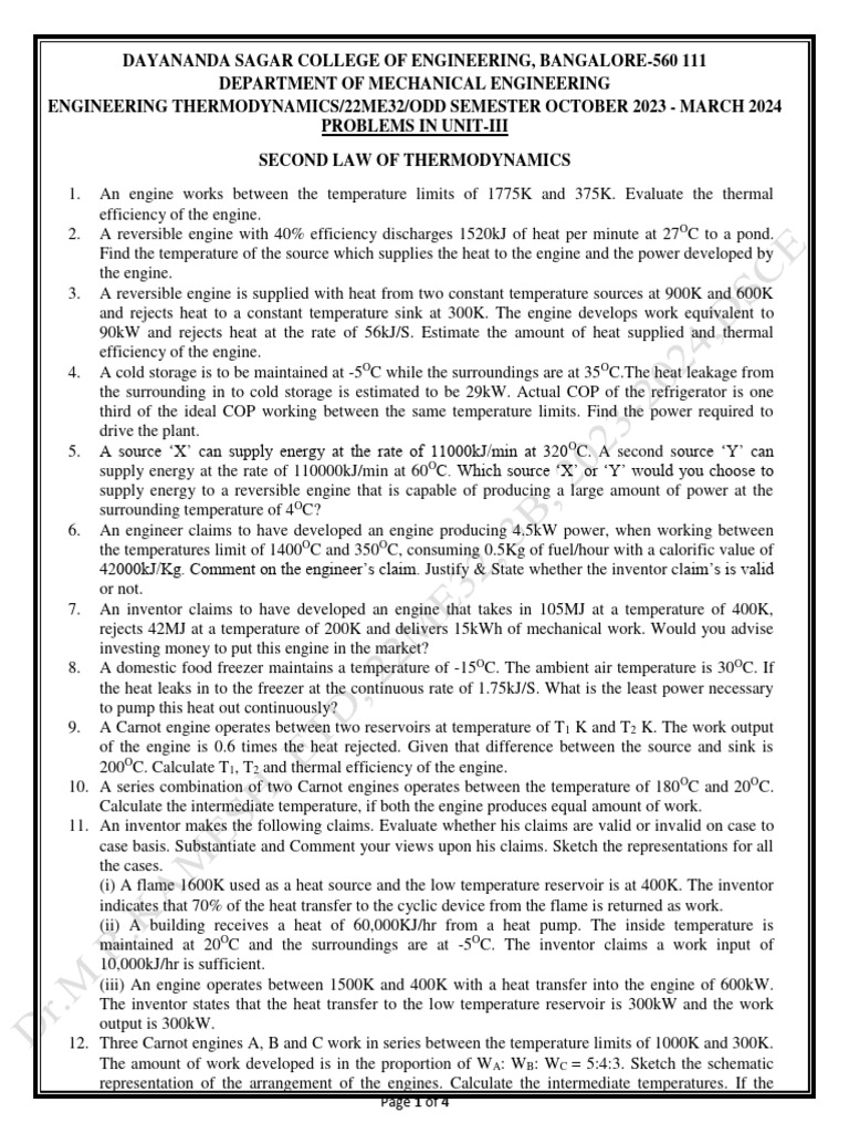 22me32 Etd Unit-Iii Problem Sheet | PDF | Heat | Temperature