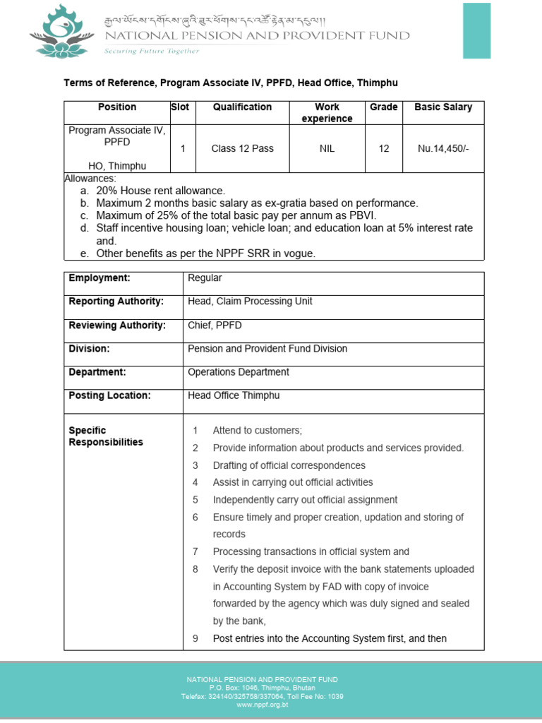 ToR PPFD | PDF | Pension | Banking