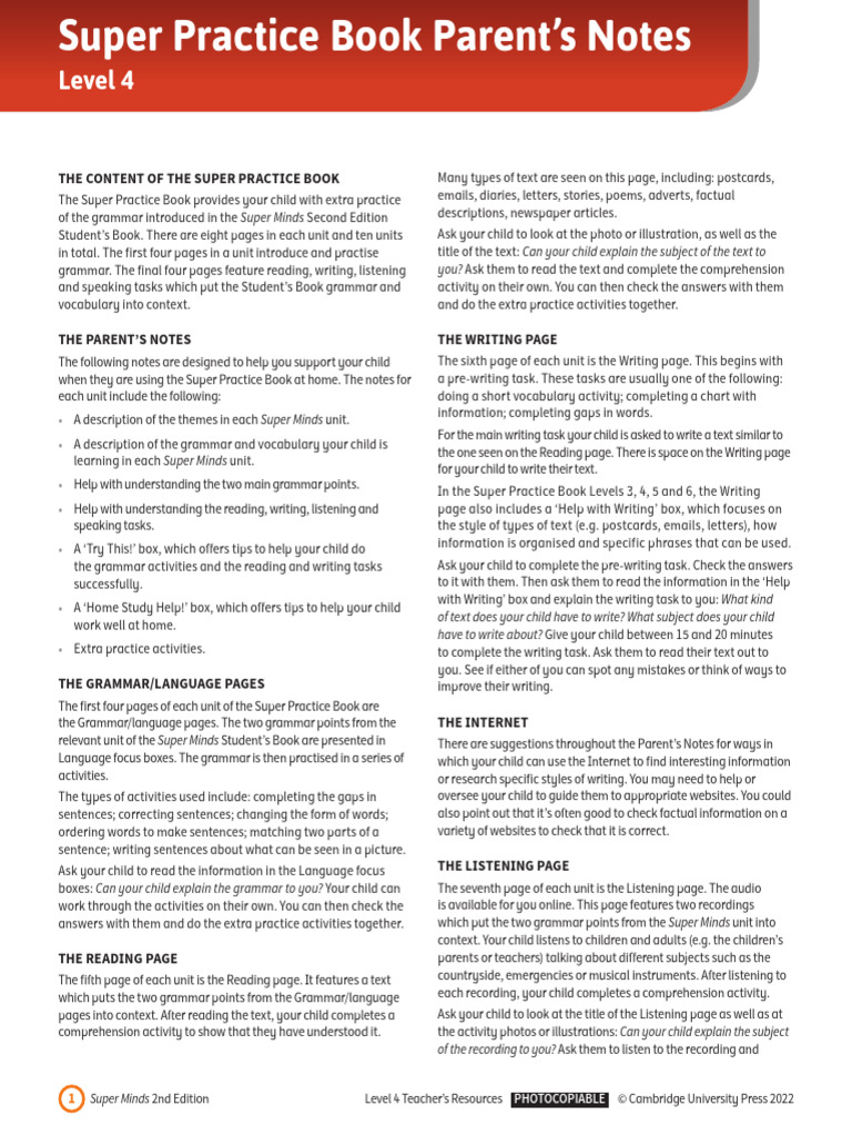 SM2ed Super Practice Book L4 Parent's Notes | PDF | Question | Verb