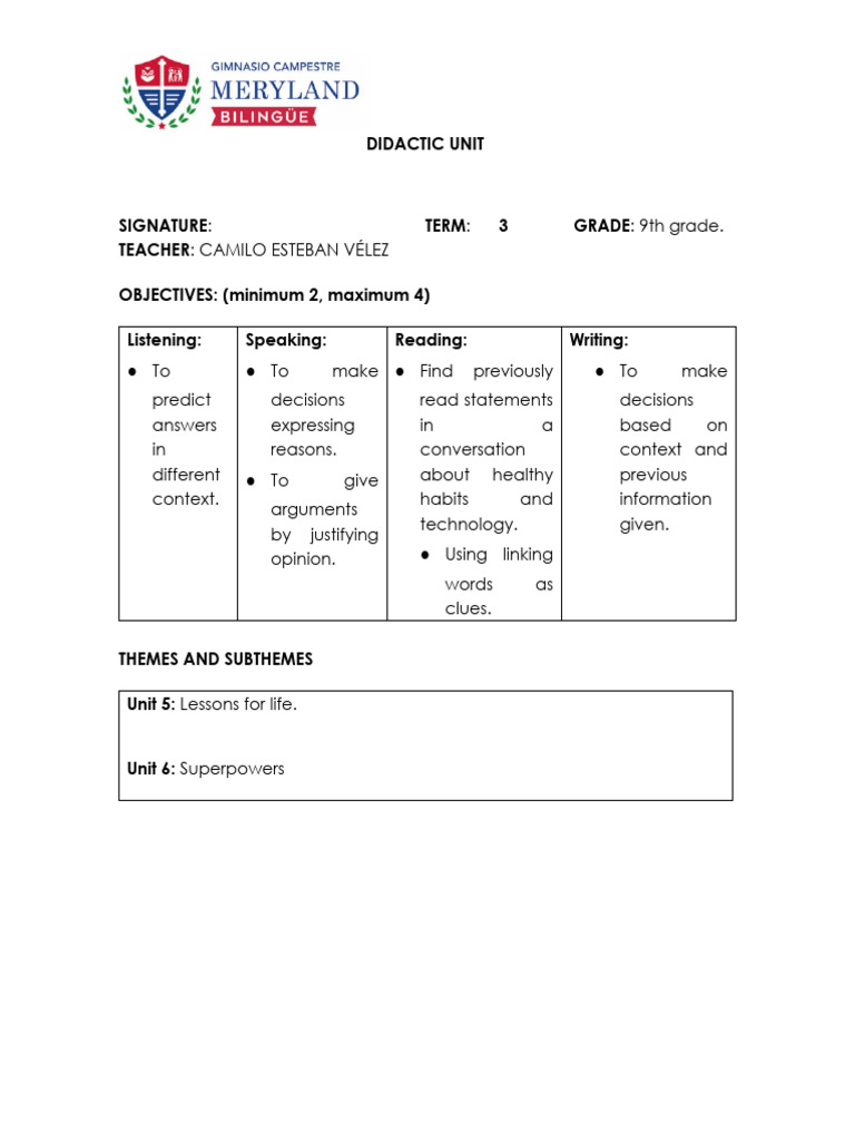 DIDACTIC UNIT 9th Grade 3th Period | PDF | Sentence (Linguistics) | Vocabulary