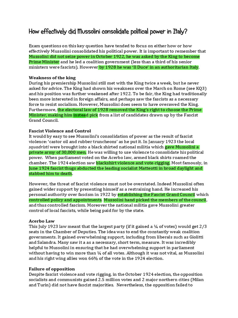 Mussolini's Power Consolidation in Italy | PDF | Benito Mussolini | Fascism