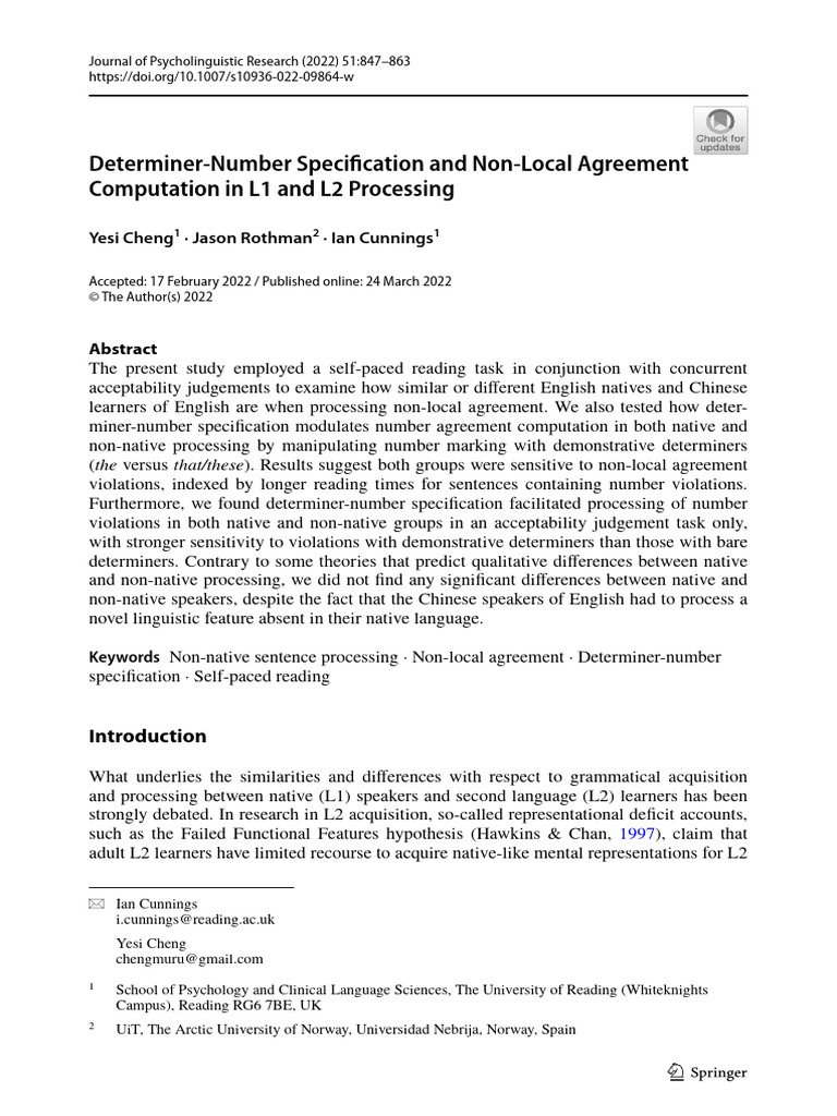 Determiner‑Number Specifcation and Non‑Local Agreement | PDF | Grammatical Number | Second Language