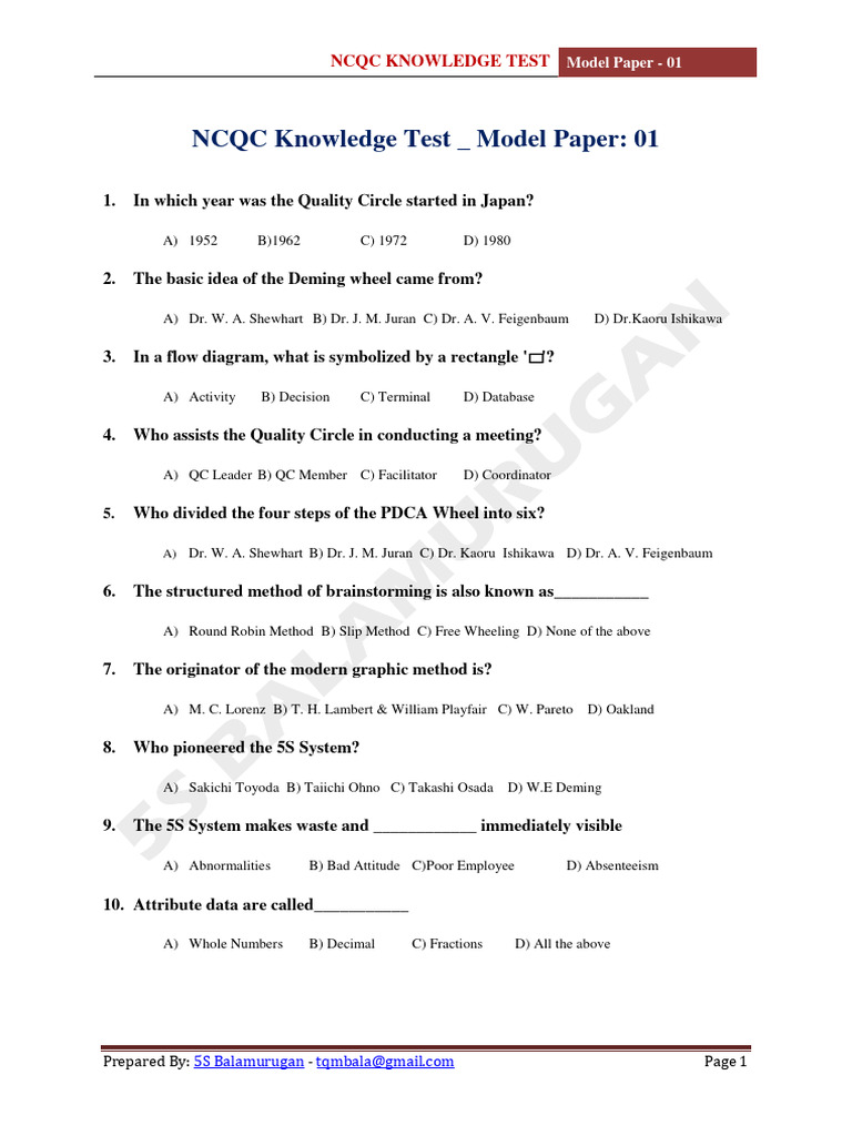 NCQC Knowledge Test Model Paper 01 | PDF