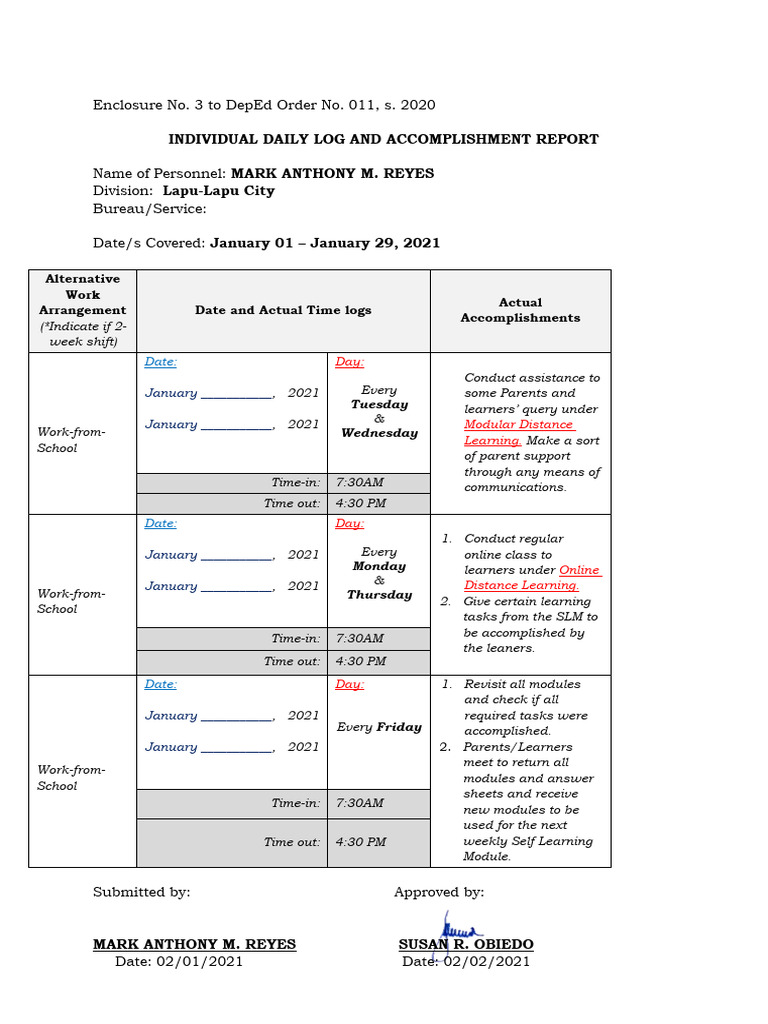 Weekly Accomplishment Report Mark Reyes - January 2021 | PDF